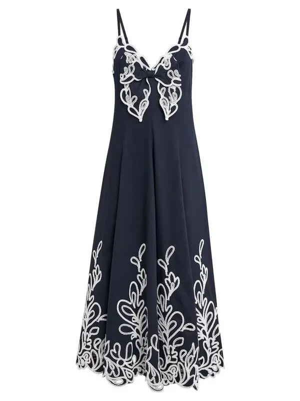 Cinq À Sept Cotton Poplin Midi Dress With Paisley Bloom Embroidery - Navy