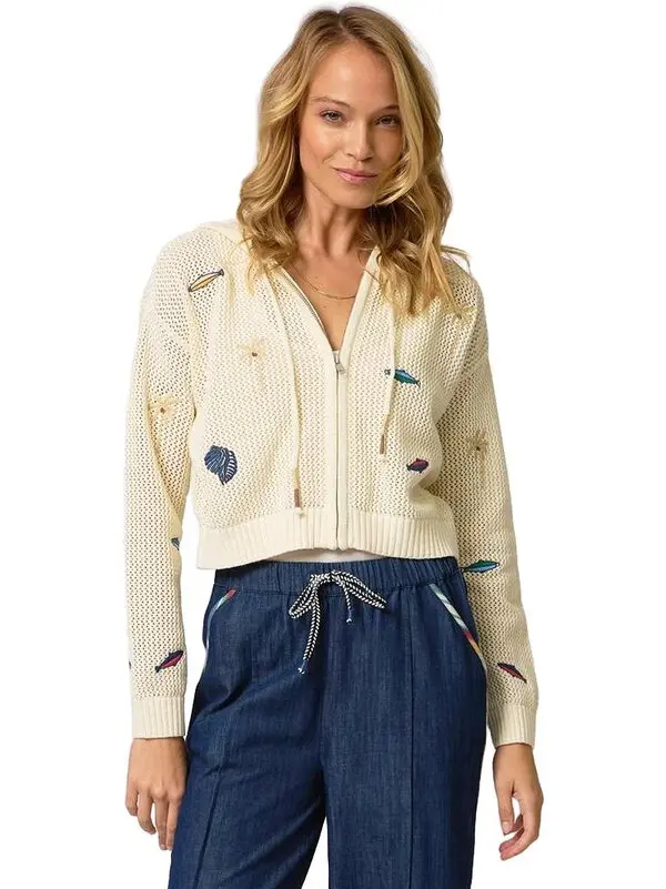 Central Park West Eden Palm Tree Mesh Zip-up Cardigan - Ivory