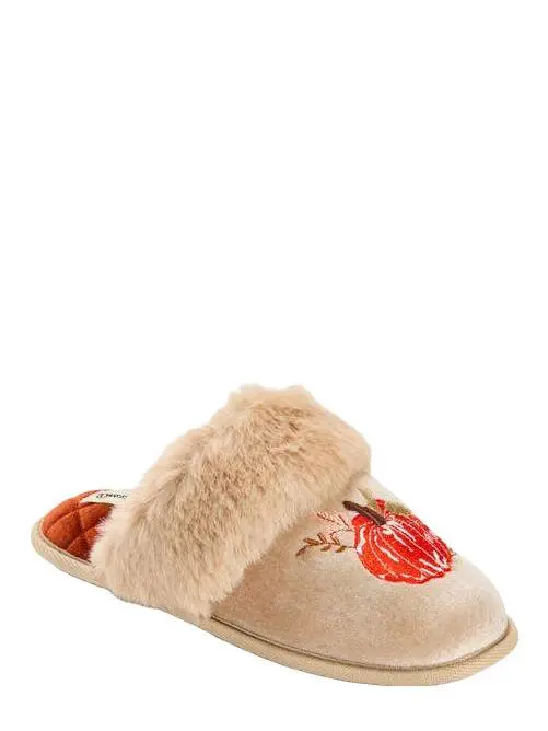 DEARFOAMS Embroidered Velour Slippers With Fur Cuff - Latte