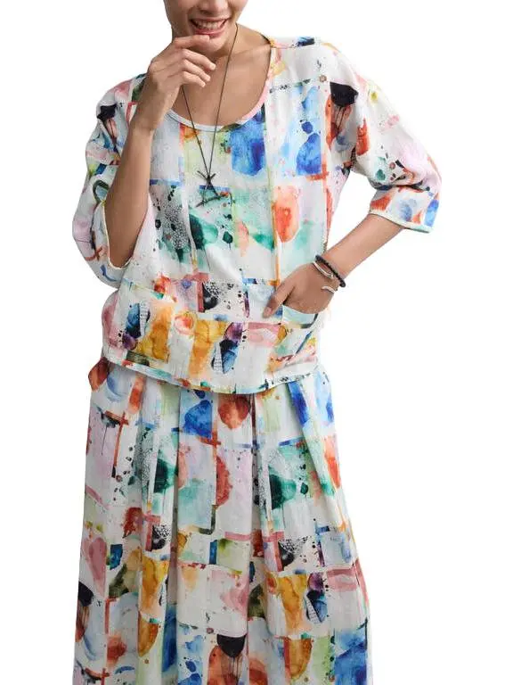 LUUKAA Painterly Print Linen Blouse - Multihued