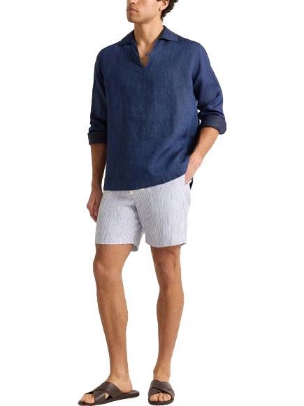 Orlebar Brown Vincent Linen Relaxed Fit Linen Long Sleeve Overhead Shirt - Night Iris