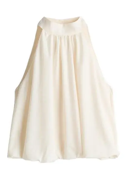 H&m Sleeveless Bubble Hem Top With Stand Collar - Cream