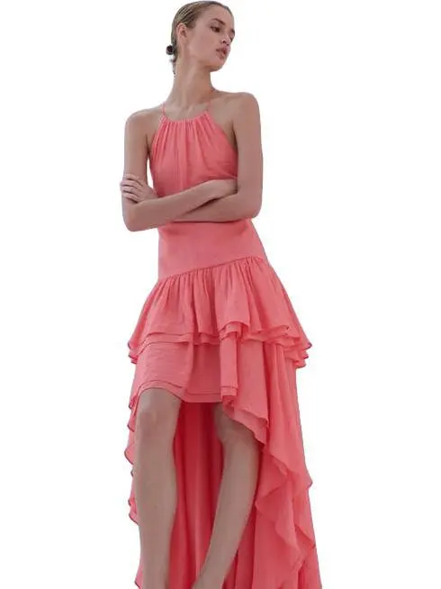 H&m Tiered High-low Crêpe Dress With Spaghetti Straps - Raspberry Red