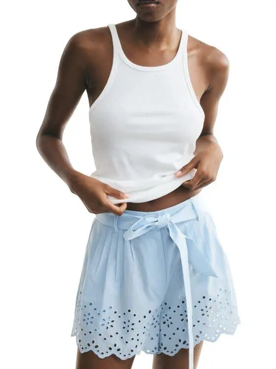 H&m Belted Cotton Eyelet Shorts - Light Blue
