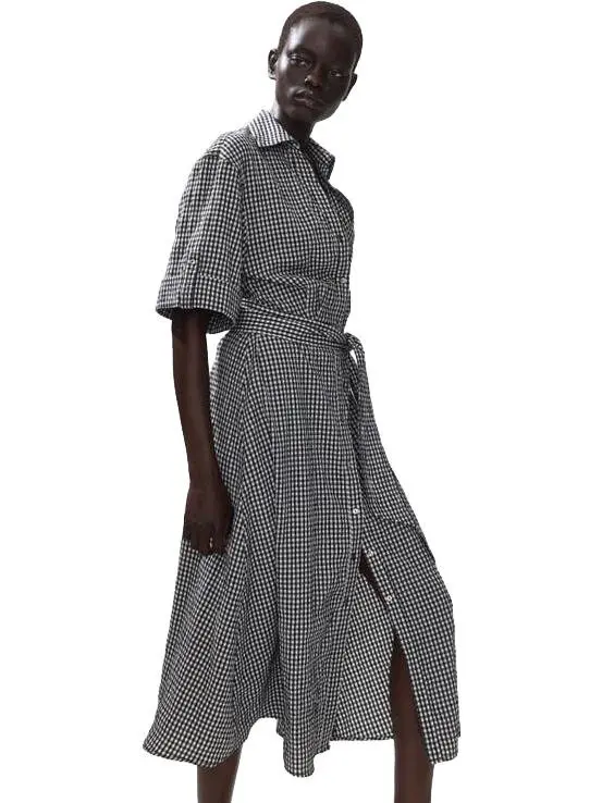 H&m Midi Shirt Dress With Tie Belt - Black/gingham