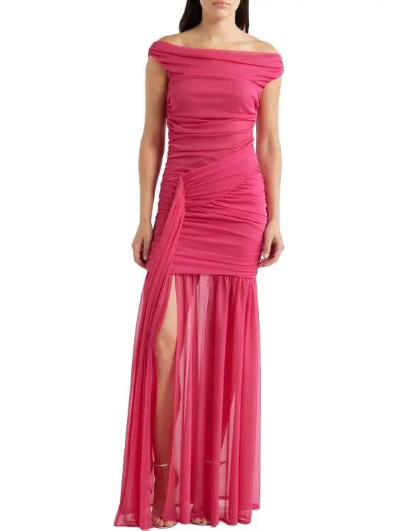 Black Halo Amara Ruched Off-the-shoulder Mesh Gown - Cerise