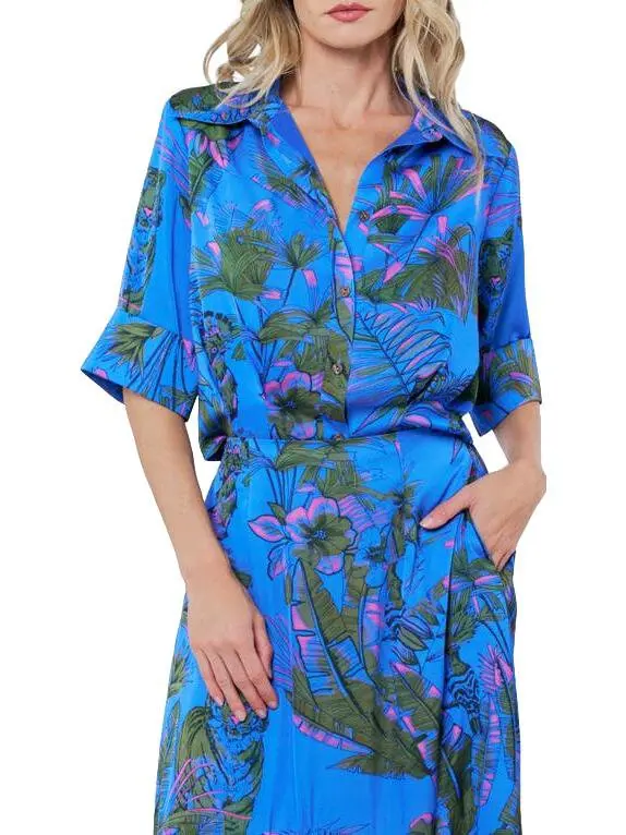 CIEBON Aurelia Palm Print Elbow Sleeve Shirt - Blue Multi