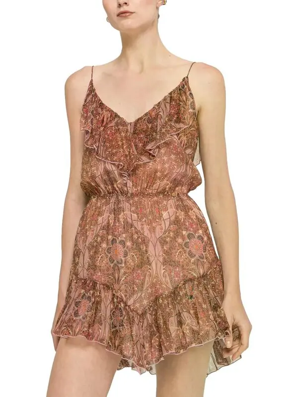 NISSA Floral Print Silk Mini Dress - Brown