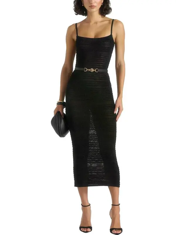 Manière De Voir Manier De Voir Danika Metallic Rib-knit Belted Midi Dress - Black