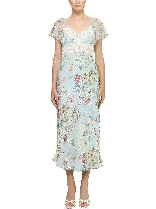NISSA Printed Silk Midi Dress - Blue