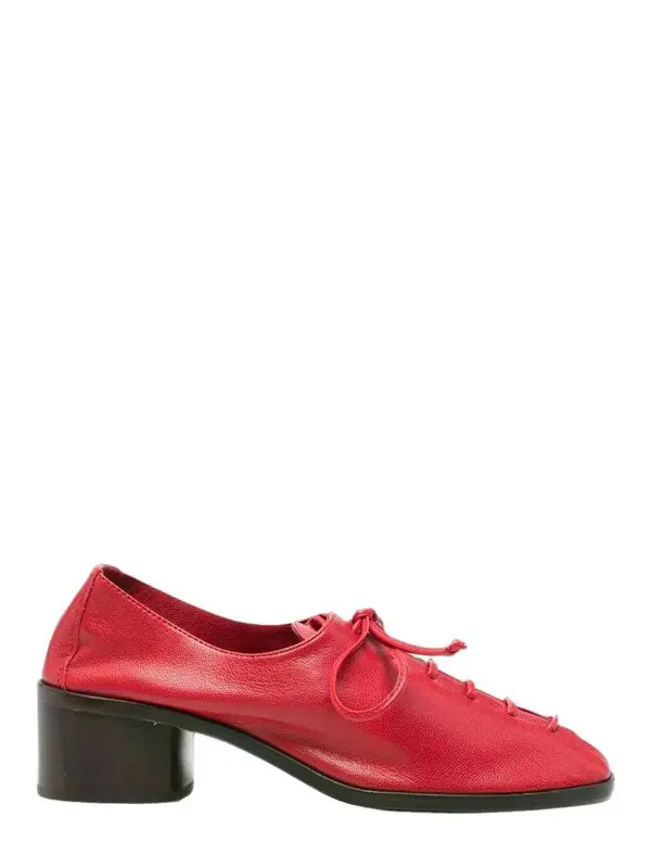 Hereu Leather Lace-up Square Toe Block Heel Shoes - Red