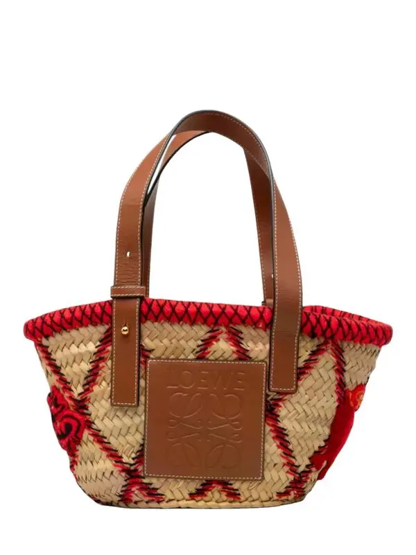 Loewe Small Raffia Animal Embroidered Basket Tote Bag - Neutrals