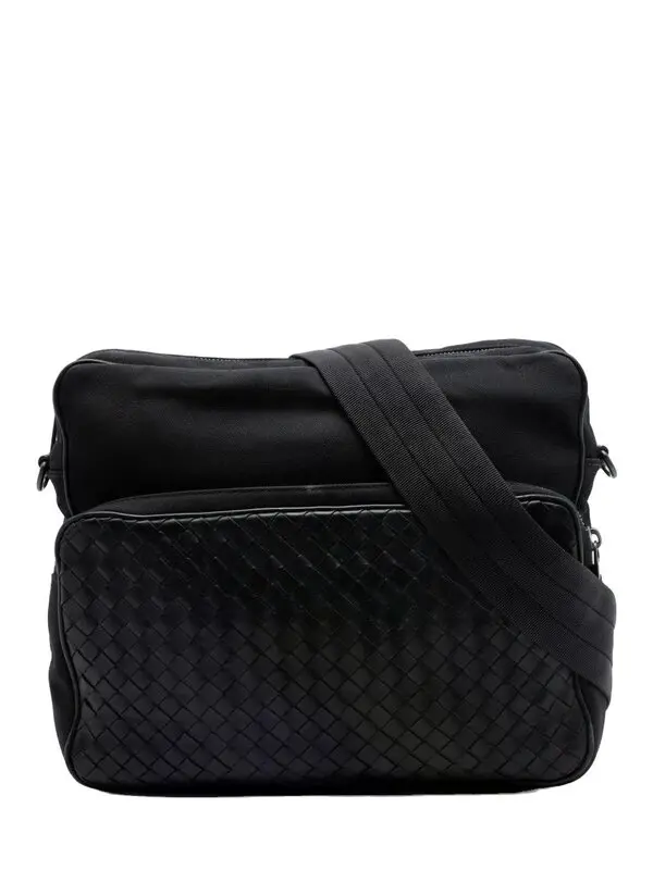 Bottega Veneta Nappa Intrecciato Trimmed Canvas Messenger Bag - Black