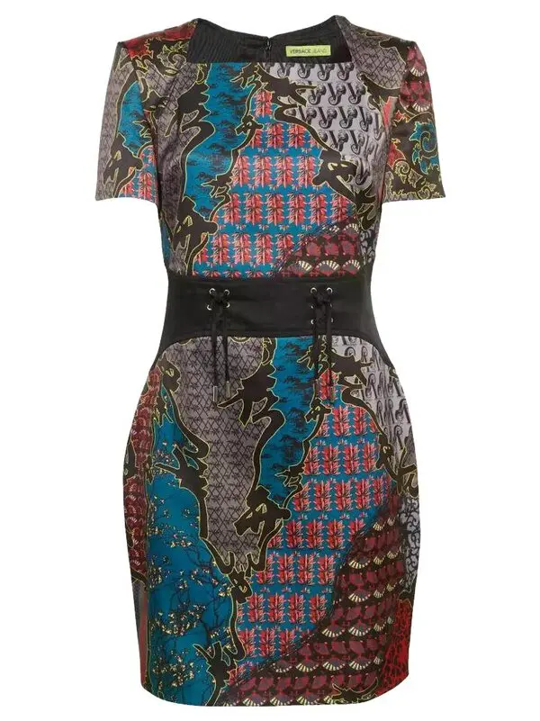 Versace Abstract Print Lace-up Mini Dress - Blue