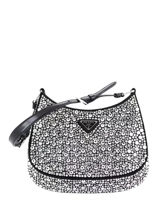 Prada Crystal Embellished Satin Shoulder Bag - Black