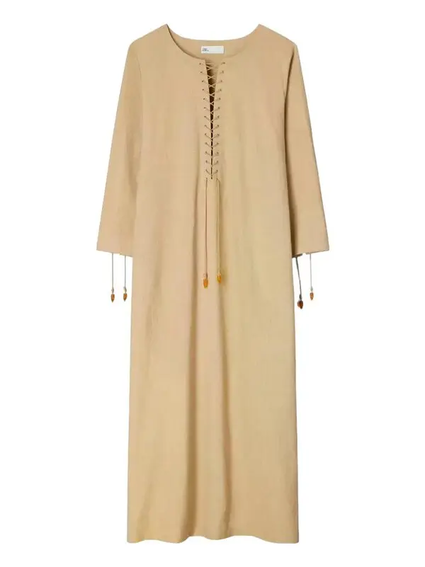 Tory Burch Linen Caftan With Lace-up Detail - Neutrals