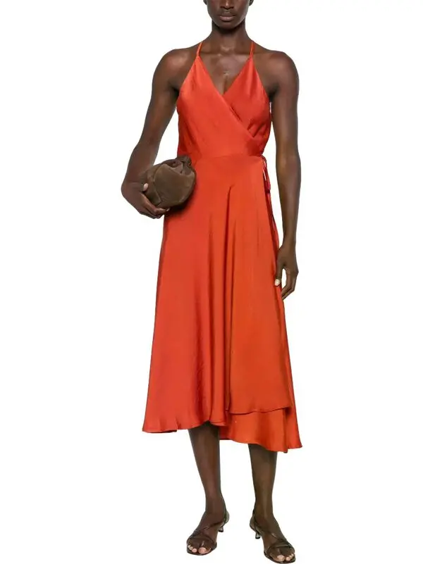 MOUTAKI Red Halterneck Sleeveless Wraparound Midi Dress - Orange