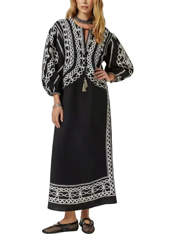 SCARLETT POPPIES Tahara Embroidered Tassel-detail Kaftan - Black