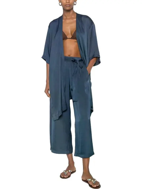 MOUTAKI Belted Wide-leg Trousers In Satin - Blue