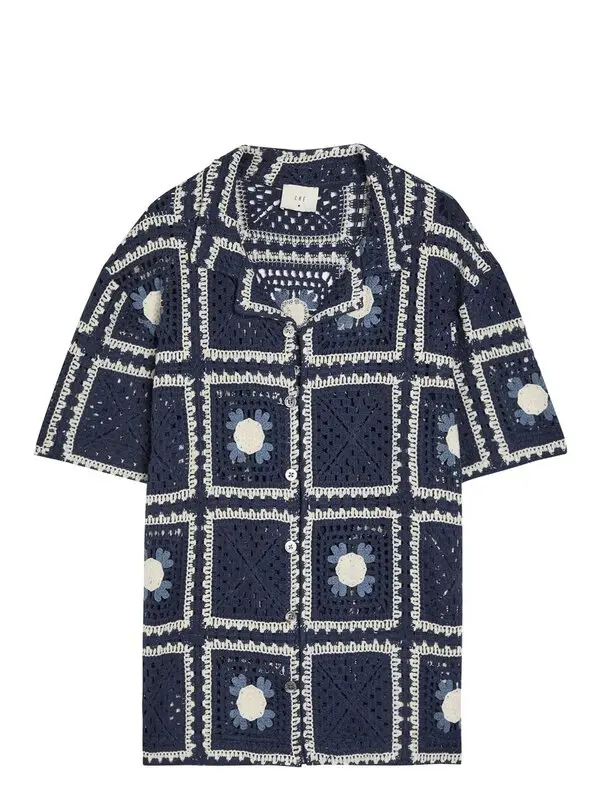 CHE Tejer Patchwork Crot Open-knit Shirt - Navy