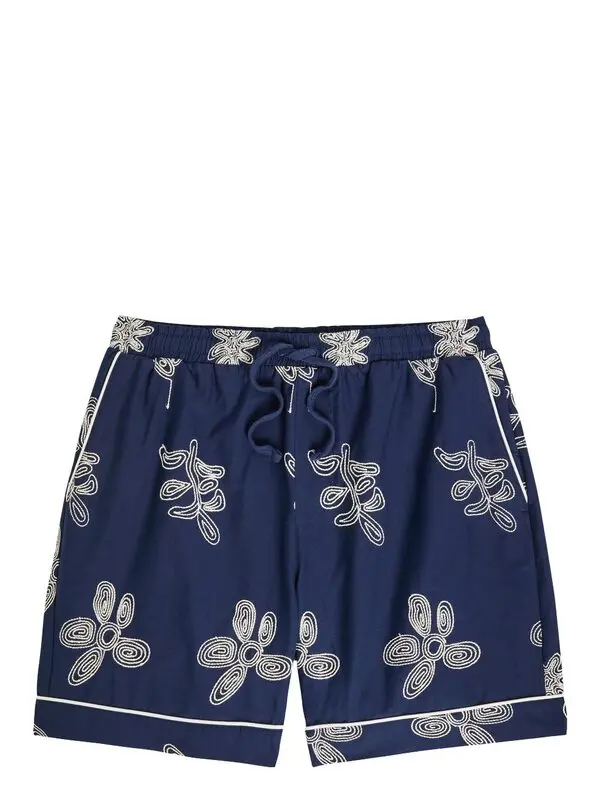 CHE Ché Floral Embroidered Cotton Shorts - Navy