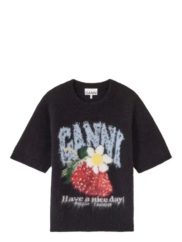 GANNI Black Brushed Texture Intarsia Knit Strawberry Motif Crew Neck Short Sleeve T-shirt - Multicolor