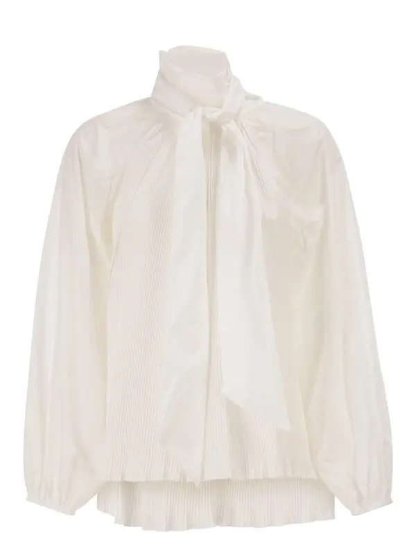 Max Mara Pleated Silk-blend Blouse With Neck Bow - White