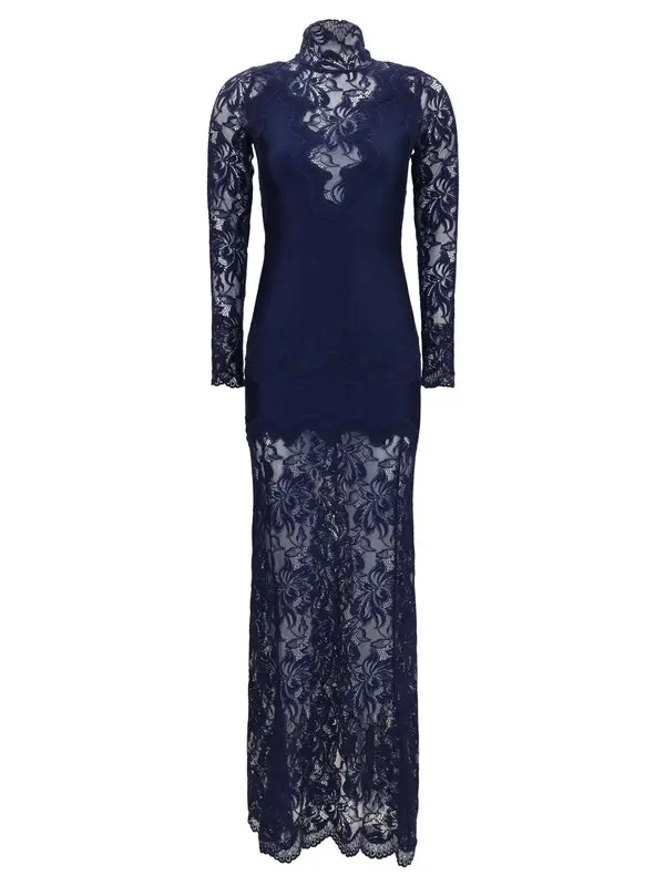 Rabanne Long Lace And Jersey Dress - Blue