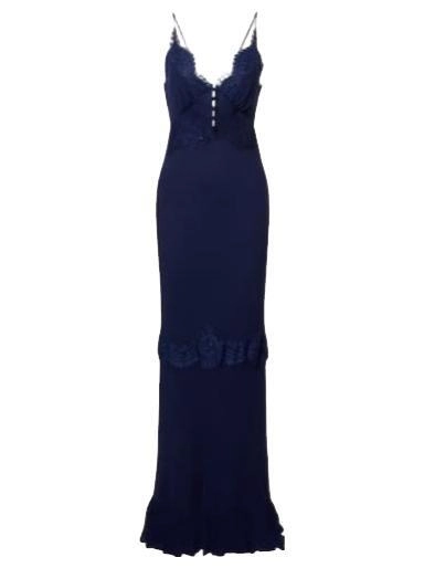 SELF-PORTRAIT Navy Georgette Lace-trimmed Gown - Black