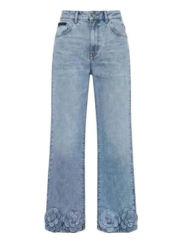 Philipp Plein Light Washed Denim Jeans With Floral Appliqu - Blue