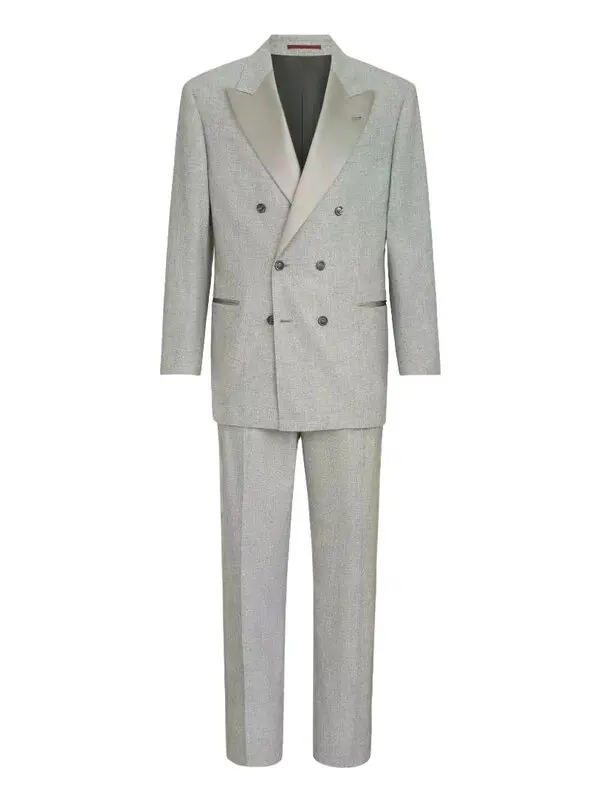 Brunello Cucinelli Cashmere And Silk Lightweight Flannel Tuxedo: One-and-a-half Breasted Jacket And Trousers With Double Pleats And Waist Tabs - Grey