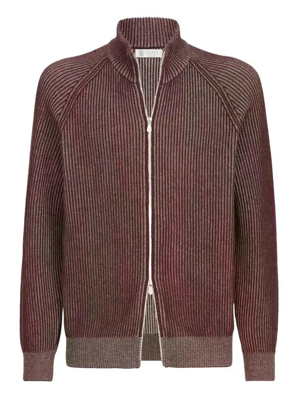 Brunello Cucinelli Cashmere Vanisé English Rib High-neck Zipper Cardigan - Red