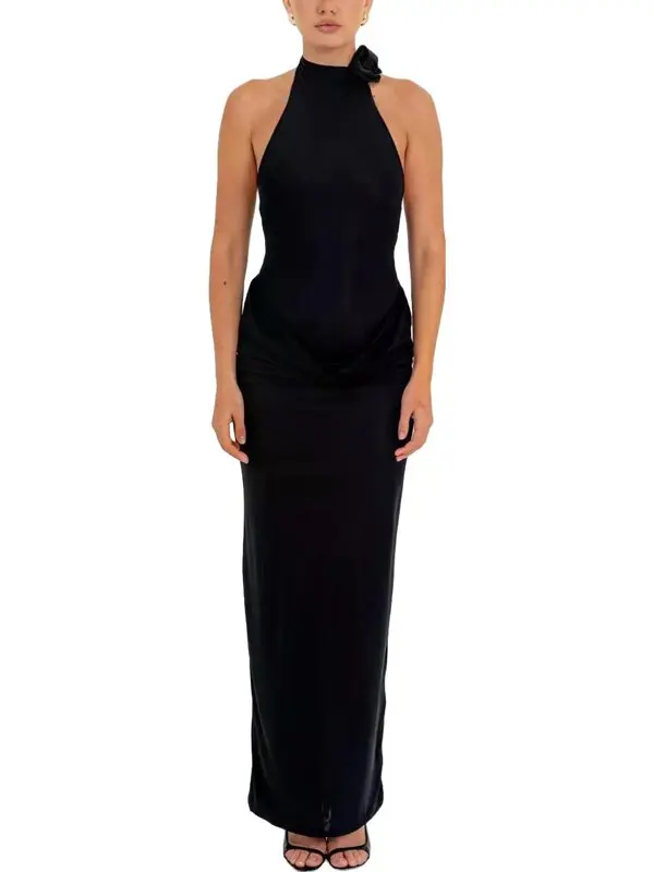MAYGEL CORONEL Floral Appliqué Draped Halterneck Gown - Black