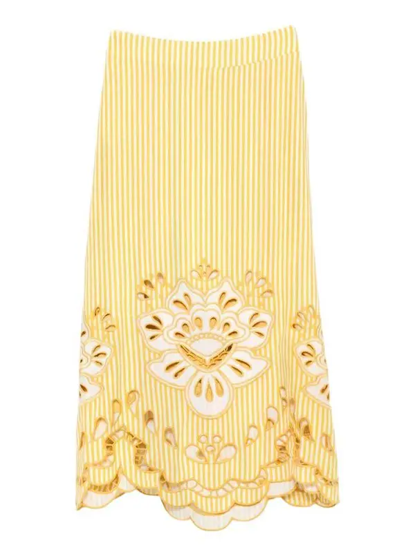 Farm Rio Embroidered Striped Midi Skirt - Yellow