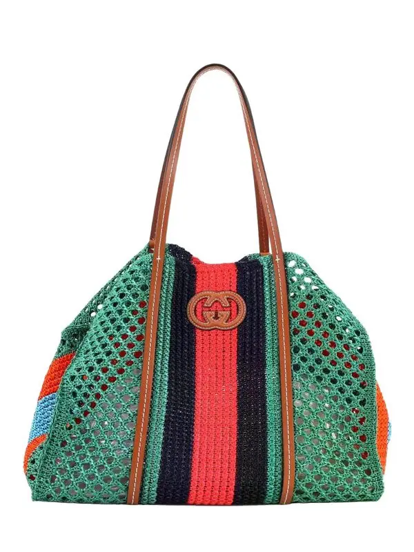 Gucci Interlocking G Web Raffia Medium Tote Bag - Multicolour