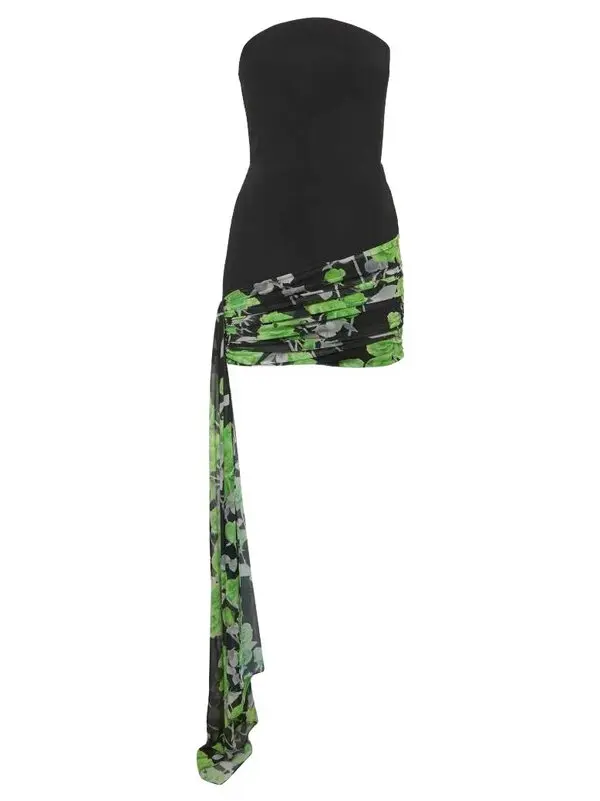 David Koma Strapless Rose Print Dress - Black