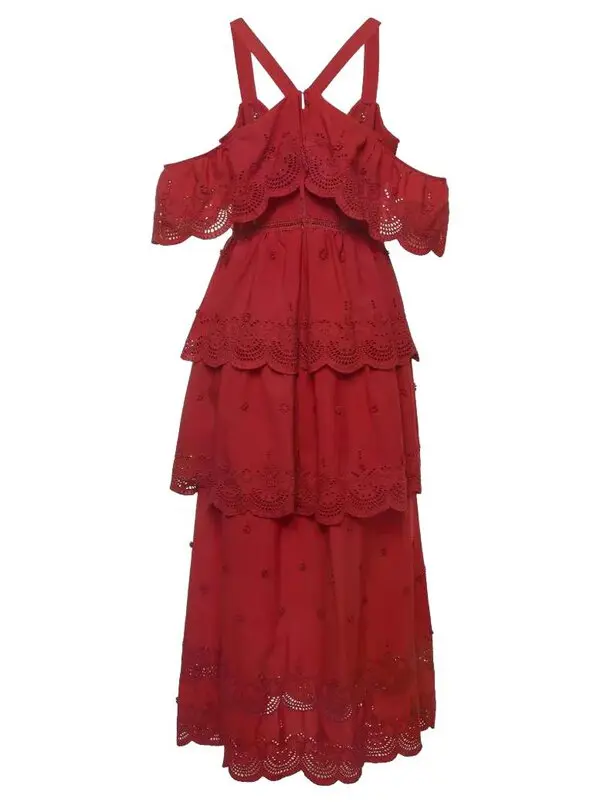 SELF-PORTRAIT Lace Tie Maxi Dress - Red