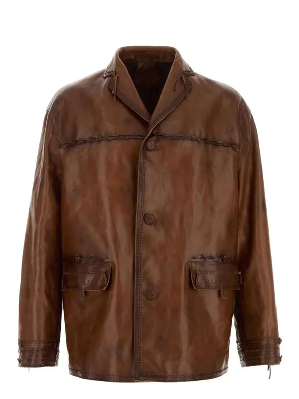 Prada Leather Jacket With Notch Lapel - Brown