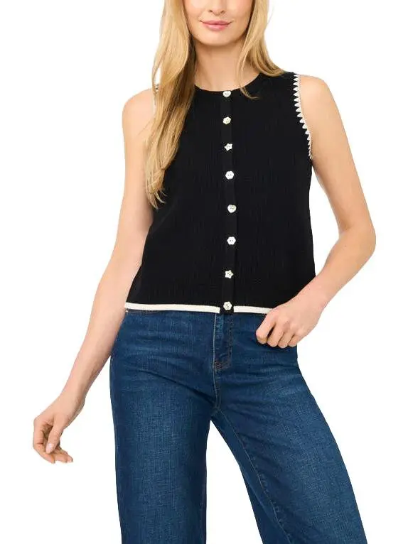 CECE DUPRAZ Pointelle Button-up Sweater Tank - Rich Black