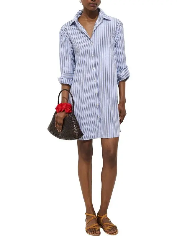 ALEX MILL Florence Stripe Long Sleeve Cotton Shirtdress - Blue Multi Stripe