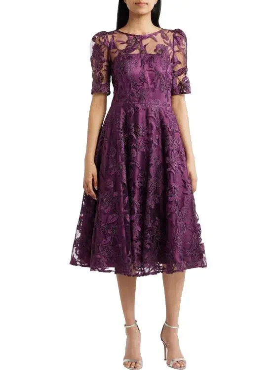 Eliza J Beaded Floral Puff Sleeve Cocktail Dress - Plum