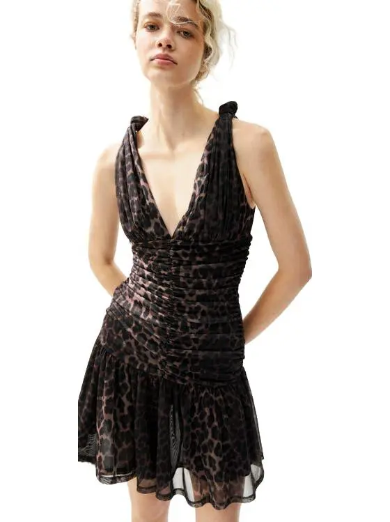 H&m Ruched Flared-skirt Dress - Black/leopard Print
