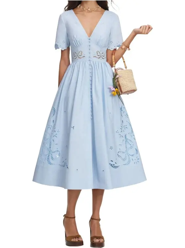 SELF-PORTRAIT Embroidered Midi Dress With Deep V-neck And Pockets - Blue