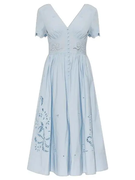 SELF-PORTRAIT Embroidered Midi Dress With Deep V-neck And Pockets - Blue