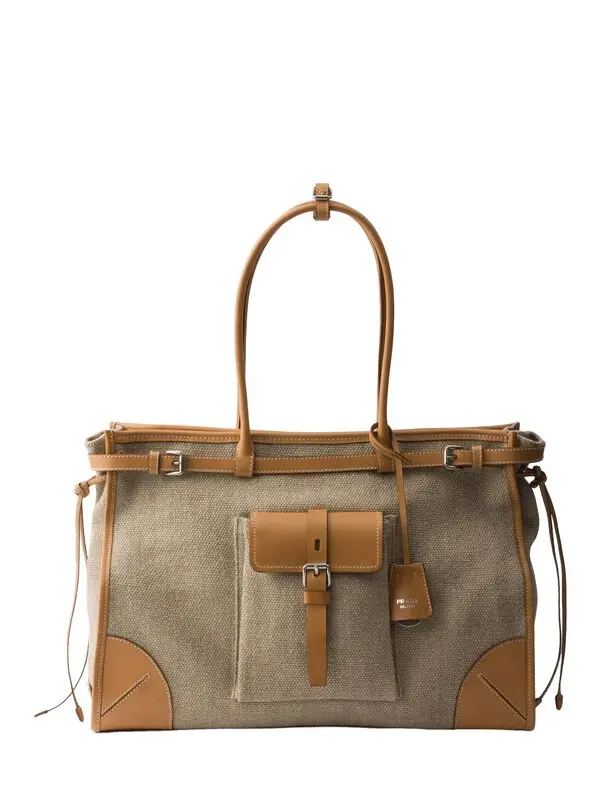 Prada Bonnie Linen And Leather Tote Bag - Neutral