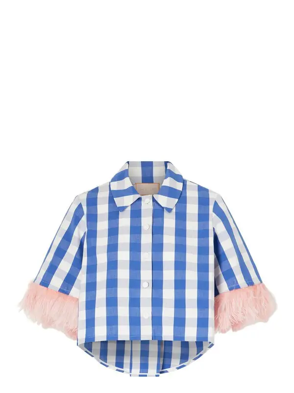 MARTA FERRI Cropped Checked Cotton-blend Blouse With Feather Trim - Blue