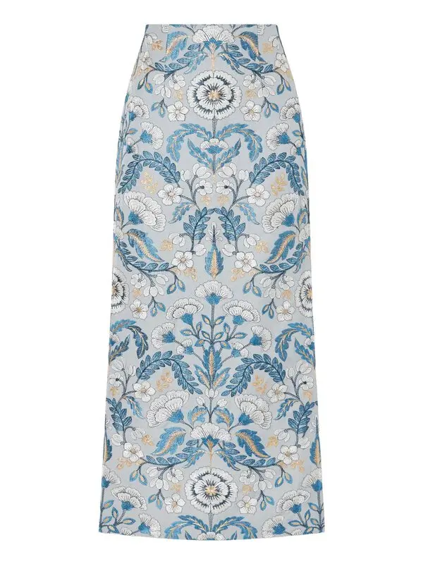 MARTA FERRI Embroidered Woven Midi Skirt - Blue