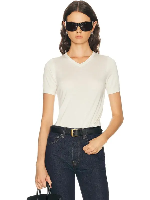 Renggli Silk Cashmere V-neck Knit Tee - Ecru