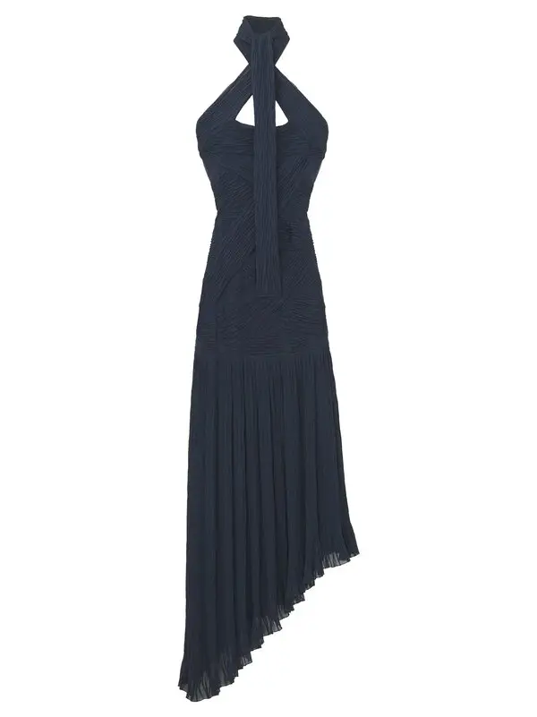 Alexander McQueen Asymmetric Ruched Halterneck Dress - Navy