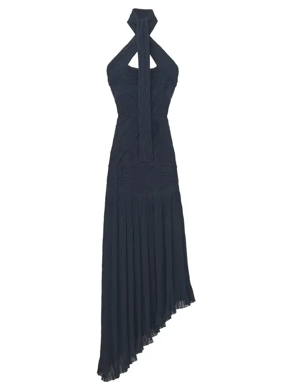 Alexander McQueen Asymmetric Ruched Halterneck Dress - Navy